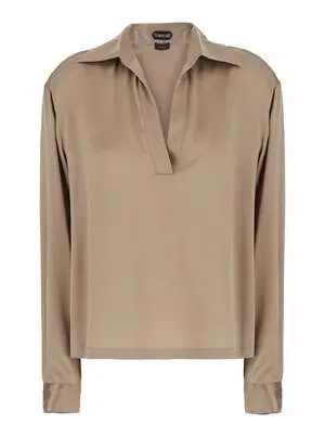 TOM FORD Silk V-neck Shirt With Wide Collar And Relaxed Fit - Beige