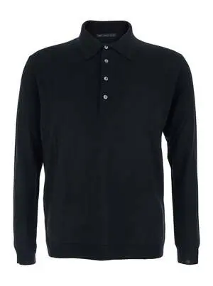 LOW BRAND Low-profile Polo Collar Wool Sweater With Button Front - Black