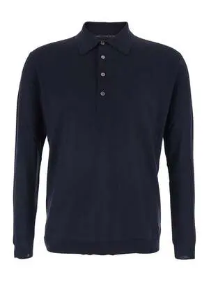 LOW BRAND Wool Polo-collar Button Sweater With Ribbed Trims - Blu