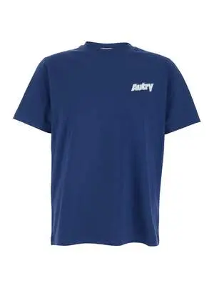 AUTRY Cotton Crew Neck T-shirt With Raised Collar And Front Logo - Blu