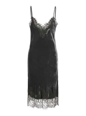 Gold Hawk Velvet Lace-trim Spaghetti Strap Dress For