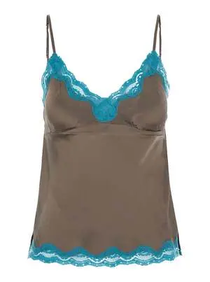 Gold Hawk Lace-trim Spaghetti Strap V-neck Top - Brown