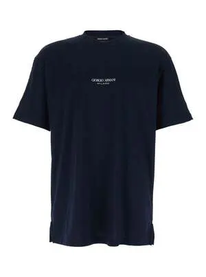 Giorgio Armani S Cotton Crew-neck T-shirt With Raised Collar And Front Logo - Blu