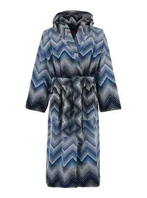 Missoni Zig Zag Hooded Cotton Bathrobe With Waist Tie - Blu
