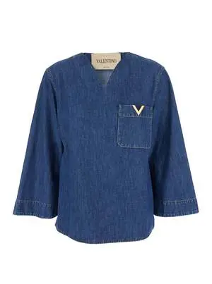 Valentino Garavani V-neck Cotton Blouse With Vlogo Plaque And Front Pocket - Blu