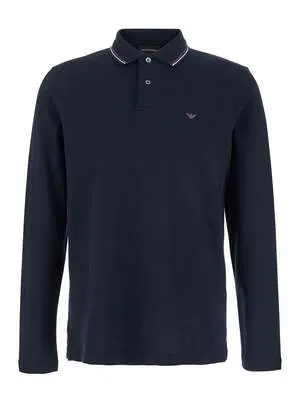 Emporio Armani S Stretch Cotton Long Sleeve Polo Shirt With Logo Embroidery - Blu