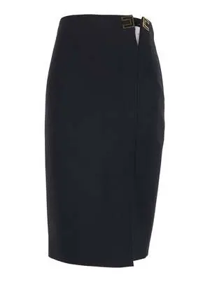 Elisabetta Franchi Midi Skirt With Side Vent Cut-out And Logo Plate In Tech Fabric For - Black