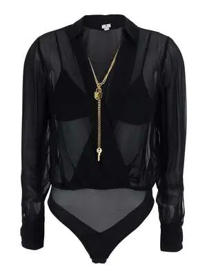Elisabetta Franchi Deep V-neck Chain-detail Bodysuit With Semi-transparent Wrap - Black