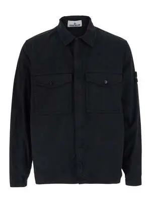 Stone Island Logo Patch Cotton Shirt With Classic Collar And Button Front - Black