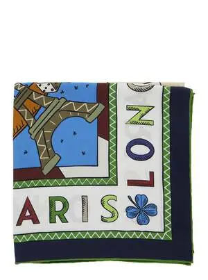 Longchamp 90x90 Cm Square Silk Scarf With Multicolor Print And Lettering For - Blu