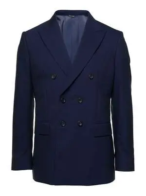 REVERES 1949 Double-breasted Wool & Cashmere Blazer With Peak Revers And Shoulder Pads - Blu