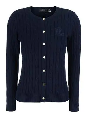 Ralph Lauren Logo Cable-knit Crew Neck Cardigan In Cotton Blend For - Blu