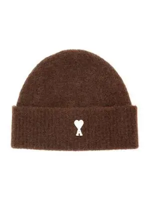 AMI Paris Tech Fabric Beanie With Heart Logo - Brown