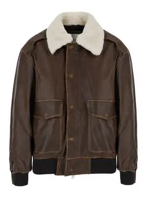 DUNST Detachable A-2 Leather Blouson Jacket With Classic Collar And Zip Front - Brown
