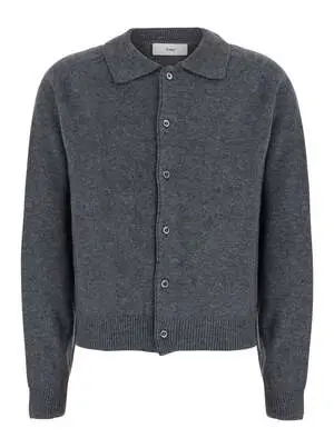 DUNST Ollared Knit Cardigan With V-neck, Button Front & Ribbed Hems - Grey