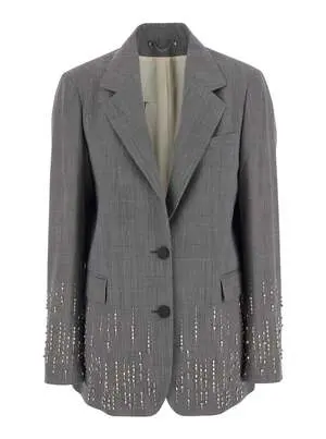 GOLDEN GOOSE Virgin Wool Single-breasted Blazer Jacket With Notched Revers And Crystal Check Motif - Grey