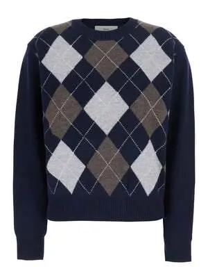 DUNST Argyle Motif Wool Crewneck Sweater With Long Sleeves For - Blu