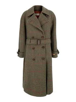 GOLDEN GOOSE Inspired Wool Double-breasted Jacket With Belt And Prince Of Wales Motif - Brown