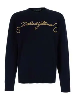 DOLCE E GABBANA Crew Neck T-shirt With Front Logo Lettering Embroidery - Blu