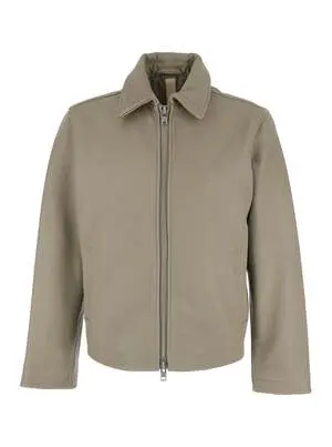 SUNFLOWER Leather Crop Jacket With Classic Collar & Dropped Shoulders - Beige