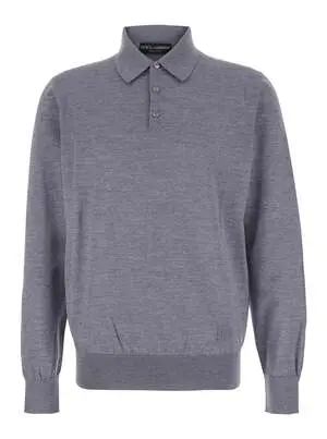 DOLCE E GABBANA Virgin Wool Long-sleeve Polo Shirt With Classic Collar And Tonal Logo Embroidery - Grey