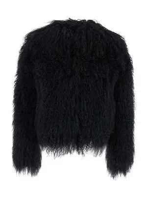 LEPLAIN High-collar Short Shearling Jacket With Long Sleeves And Side Pockets - Black