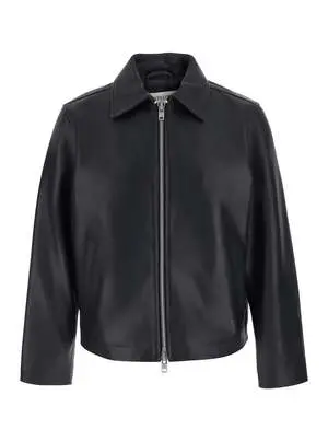 SUNFLOWER Classic Collar Leather Zip-front Jacket - Black