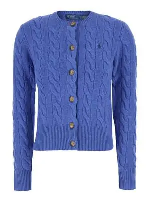 Polo Ralph Lauren Crew Neck Cable-knit Cardigan With Embroidered Pony - Blu