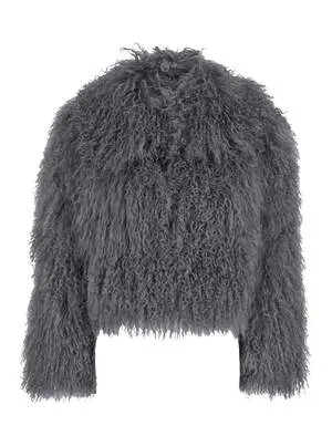 LEPLAIN Tibetan Fur Mini Short Jacket With Wide Collar - Grey