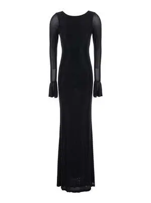 TWENTY FOURHAITCH Rhinestone Tulle Long Dress With Front V-neck, Wide Back Neckline & Flared Sleeves - Black
