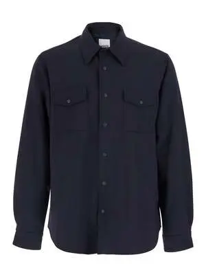 Aspesi Wool-blend Shirt With Pointed Collar, Button Front & Patch Pockets - Blu