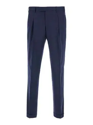 PT TORINO Single-pleat Blend Wool Pants With Straight Hem - Blu