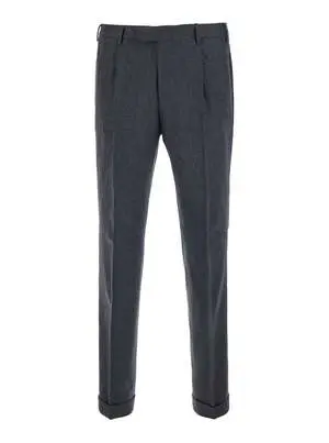 PT TORINO Wool Blend Pleated Front Trousers With Regular Fit And Straight Hem - Grey
