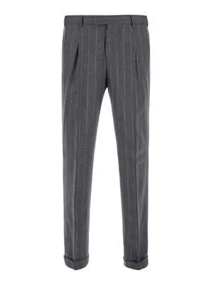 PT TORINO Slim-fit Wool-blend Pants With Front Pleats, All-over Stripe Motif And Cuffed Hem - Grey