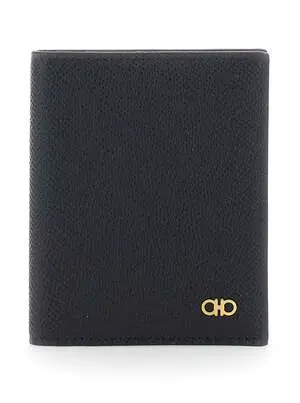 FERRAGAMO Micro Gancini Hook Leather Bi-fold Card Holder With Laminated Logo, 8x10 Cm - Black