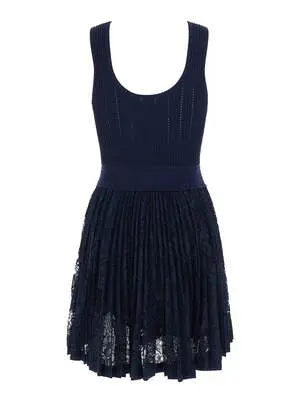 Simkhai U-neck Sleeveless Mini Dress With Elastic Waist And Lace-trim Skirt In Tech Fabric - Blu