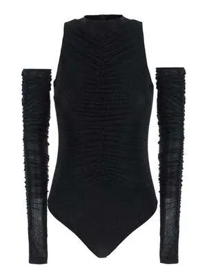 TWENTY FOURHAITCH Trava V-neck Tech Fabric Long Sleeve Bodysuit - Black