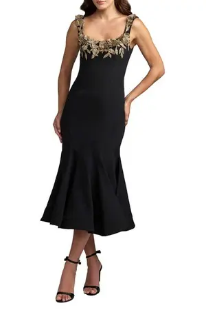 Mac Duggal Sleeveless Crepe Mermaid Midi Dress With Flowers - Black