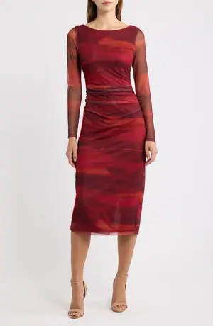 Vince Camuto Long Sleeve Mesh Body-con Dress - Rust