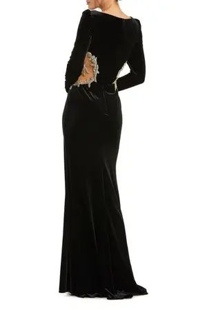 Mac Duggal Long Sleeve Sheer Embellished Velvet Gown