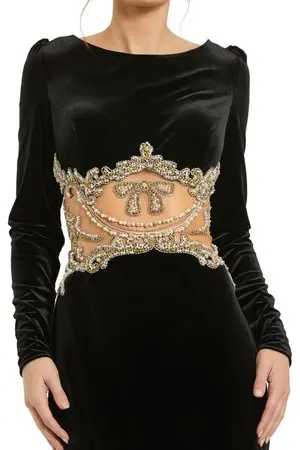 Mac Duggal Long Sleeve Sheer Embellished Velvet Gown