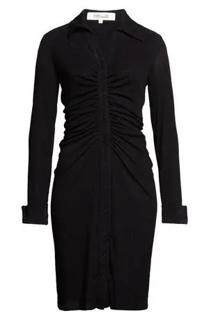 Diane Von Furstenberg Sheska Ruched Ribbed Shirt Dress - Black
