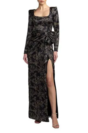 Mac Duggal Floral Printed Long Sleeve Gown With Bow