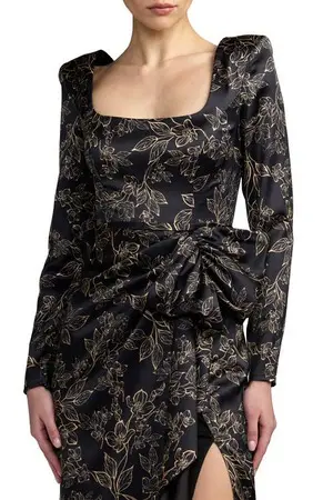 Mac Duggal Floral Printed Long Sleeve Gown With Bow