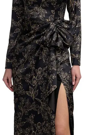 Mac Duggal Floral Printed Long Sleeve Gown With Bow