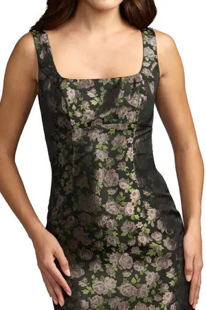 Mac Duggal Sleeveless Floral Brocade Midi Dress