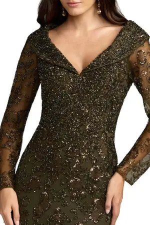 Mac Duggal Portrait Collar Long Sleeve Embellished Gown