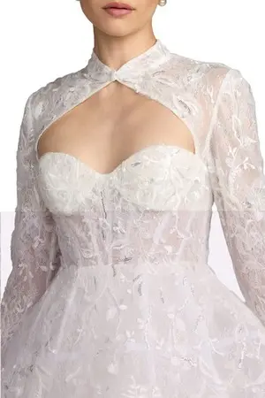 Mac Duggal Lace Long Sleeve Mandarin Collar A Line Mini Dress