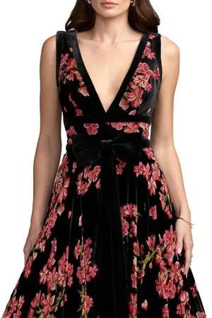 Mac Duggal Floral Velvet A-line Gown With Bow