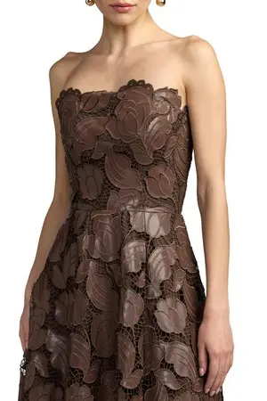 Mac Duggal Strapless Floral Leather A-line Midi Dress